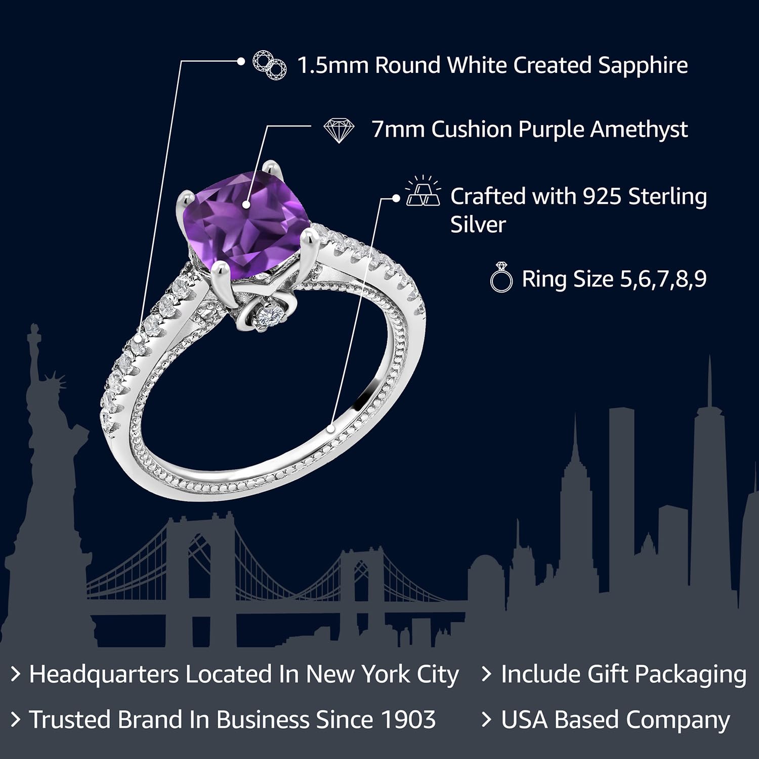 Gem Stone King 925 Sterling Silver Cushion 7MM Gemstone Birthstone and White Created Sapphire Engagement Ring | Wedding Engagement Anniversary Promise Ring For Women