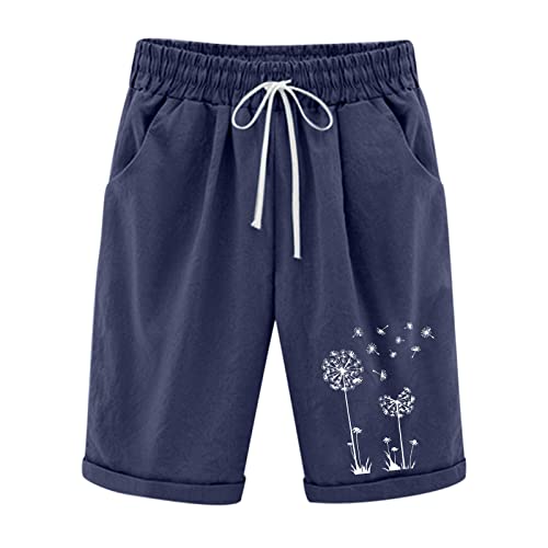 Shorts for Women Plus Size Bermuda Shorts for Women High Waisted Cotton Linen Elastic Drawstring Summer Shorts Casual Loose Fit Dandelion Print Dark Blue 4X