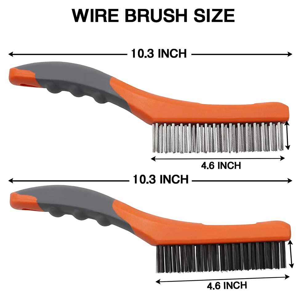 Wire Brush Set,Heavy Duty Carbon Steel and Stainless Steel Wire Scratch Brush for Cleaning Rust with 10" Curved Plastic Handle,2 PCs