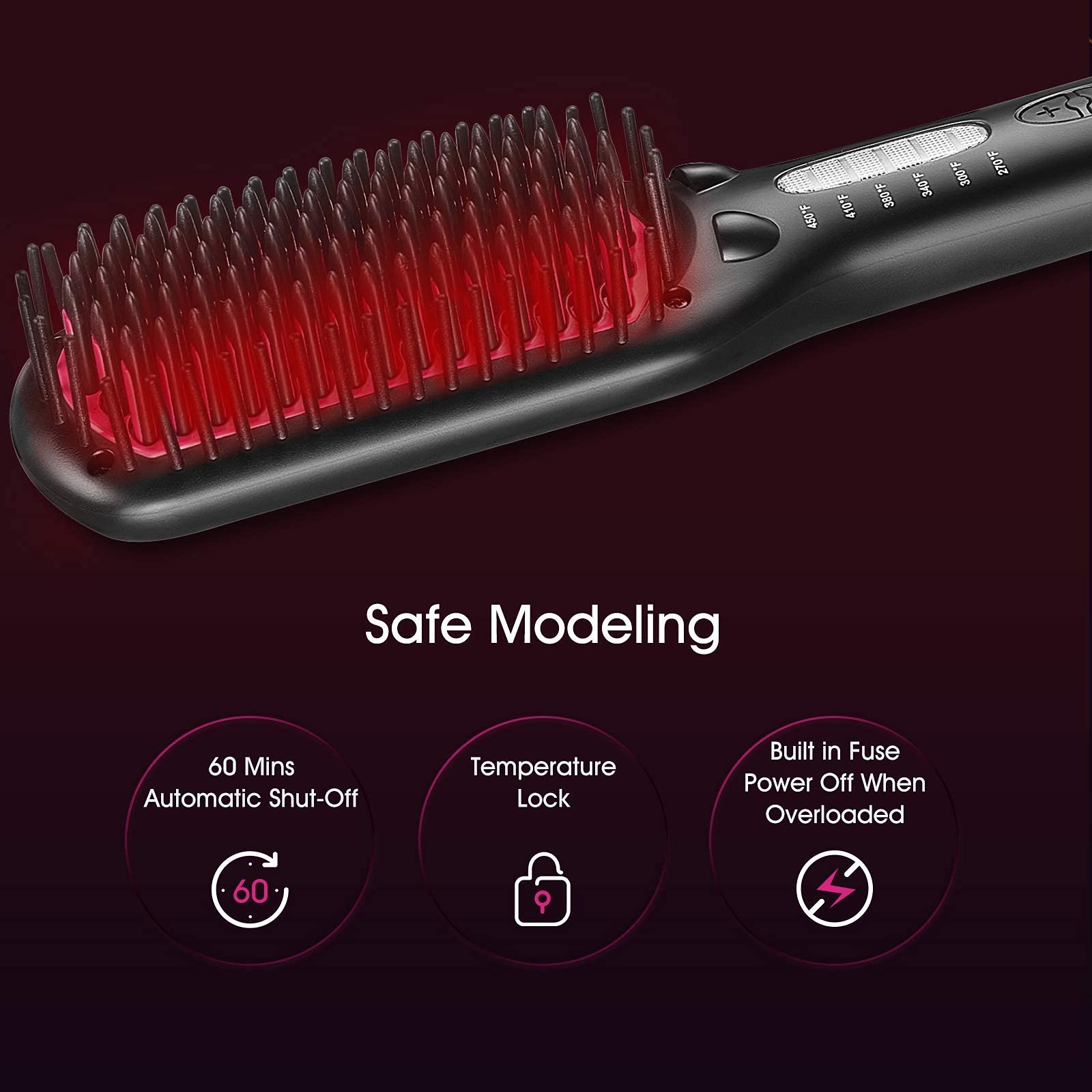 Hair Straightener Brush, MiroPure Ionic Anti-Scald Straightening Brush with Fast MCH Ceramic Heating, Adjustable Temperatures, Auto-Off & Dual Voltage, Portable Straightening Comb