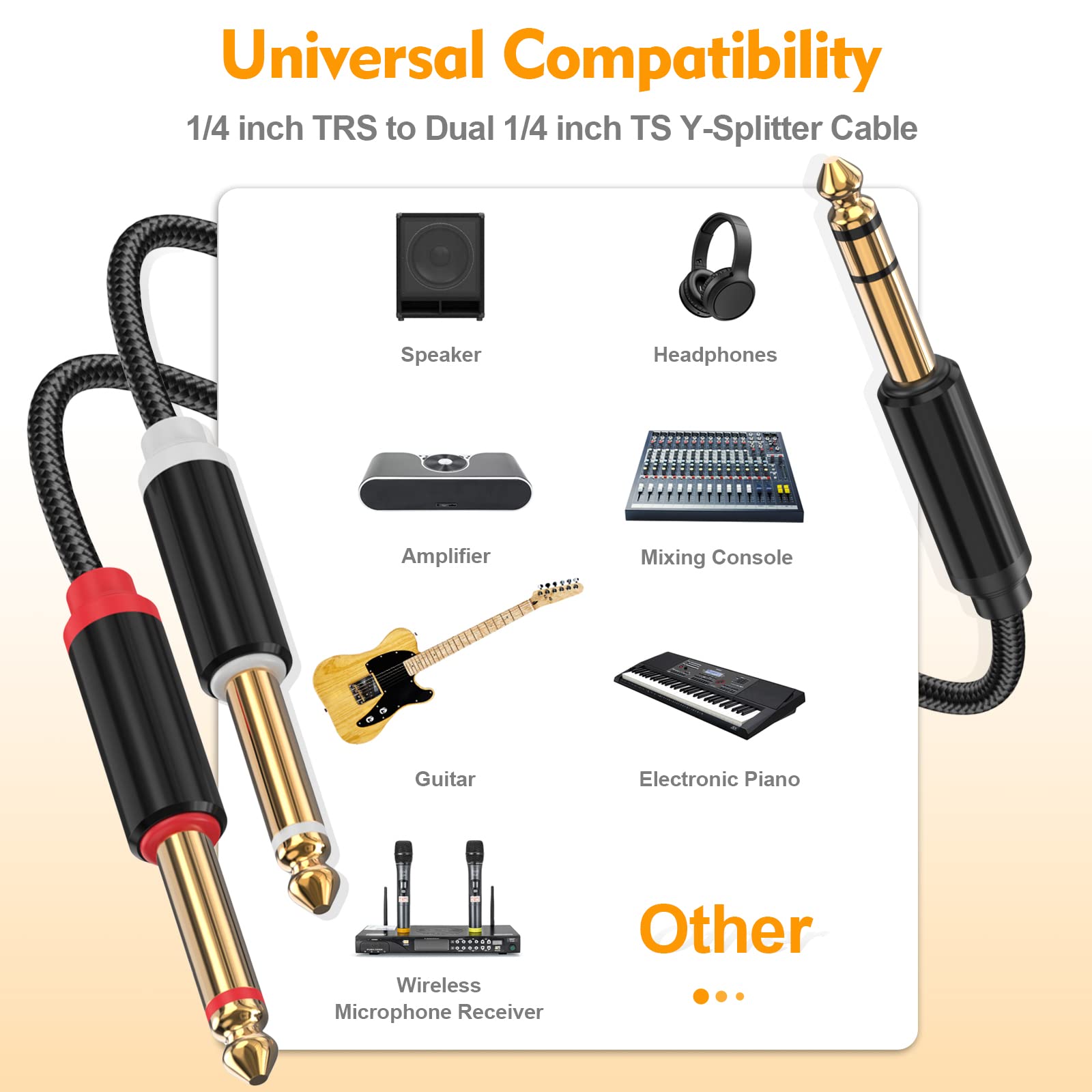 HOSONGIN 1/4 inch TRS Stereo to Dual 1/4 inch TS Mono Y-Splitter Insert Cable, Nylon Braided Jacket Gold-Plated Plug Double Shielding Cable, 10 Feet