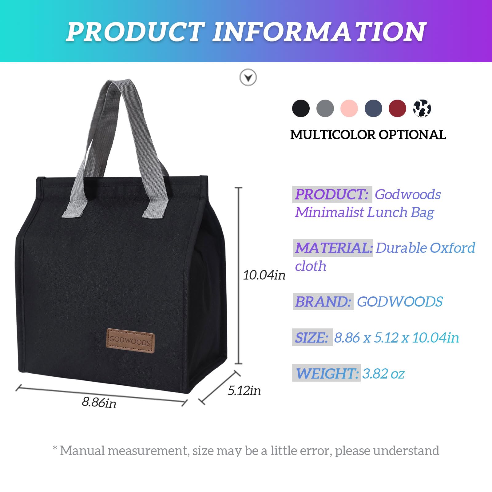 GODWOODS Insulated Lunch Bag for Women Men Large Lunch Box Container Reusable Leakproof Tote for Office, Work, Beach or Travel (Black)