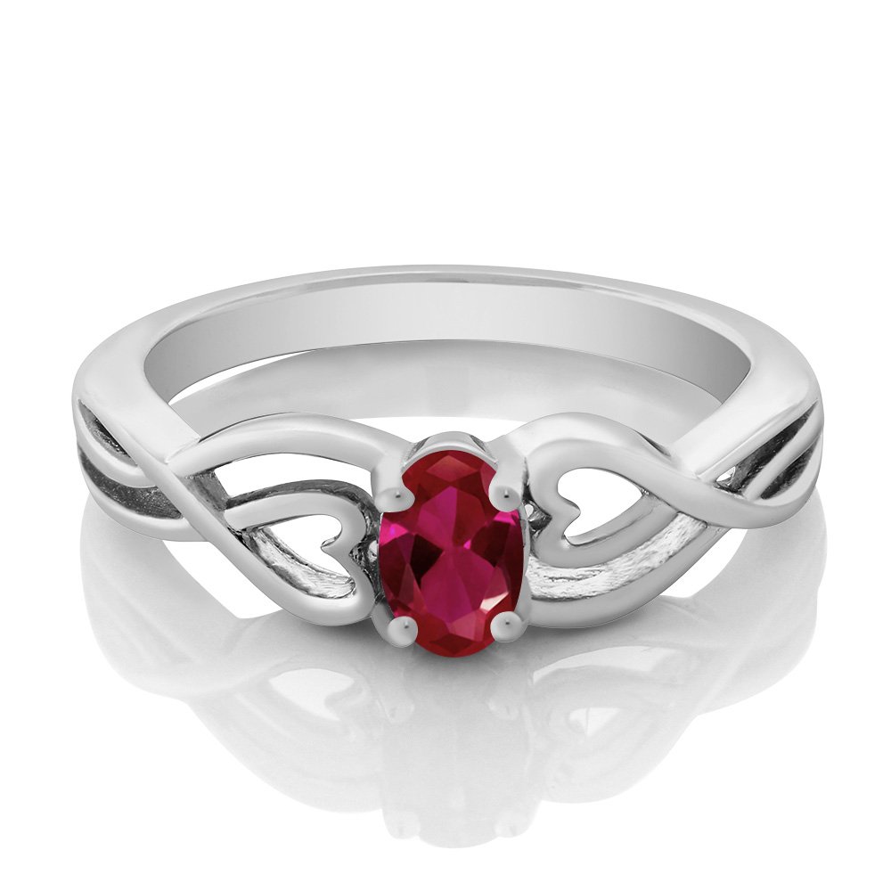 Gem Stone King 925 Sterling Silver Red Created Ruby Women Engagement Ring (0.50 Ct Oval) (Size 8)