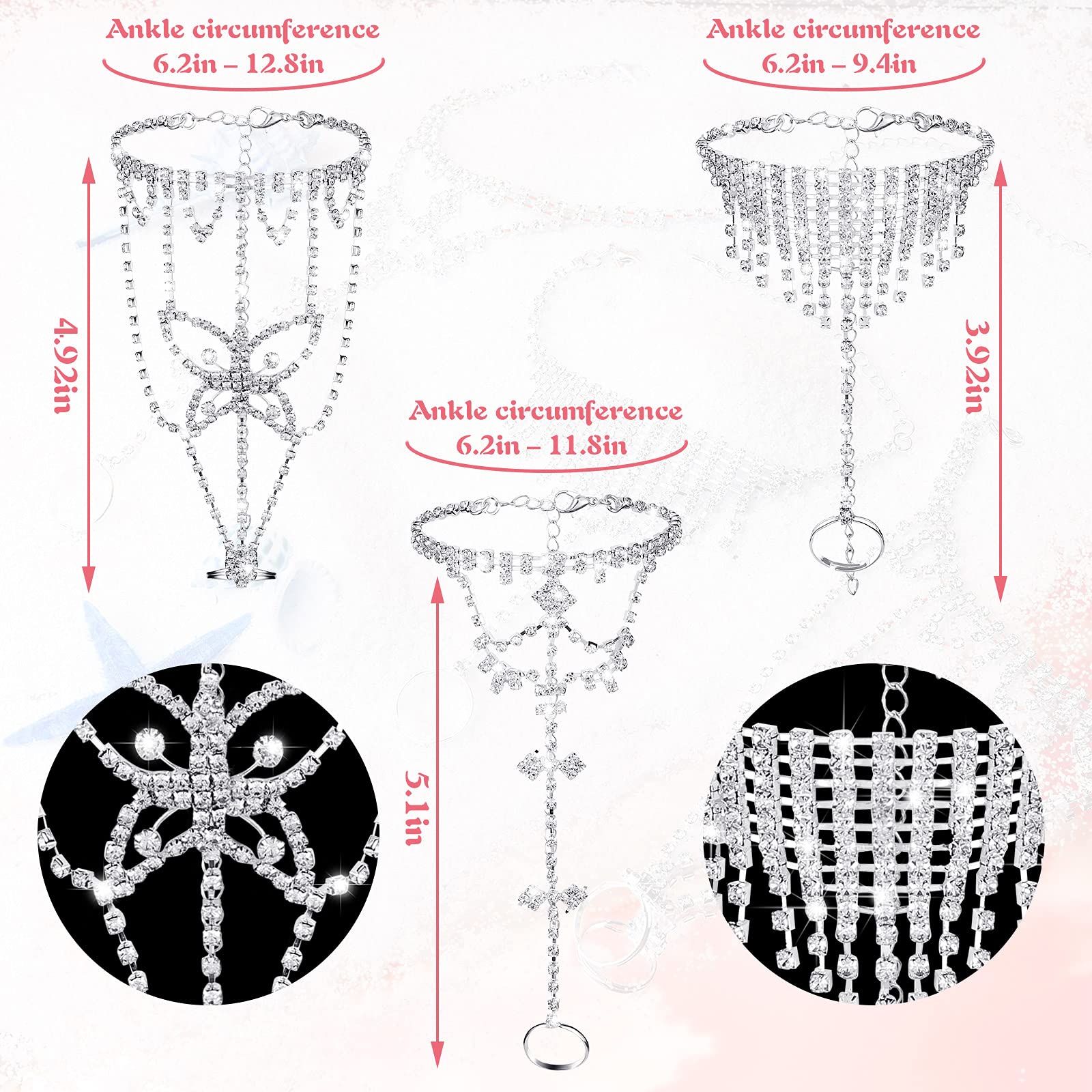 Hicarer 6 Pcs Barefoot Sandals Women Beach Wedding Foot Jewelry Silver Rhinestone Anklets Chain Ankle Jewelry for Summer