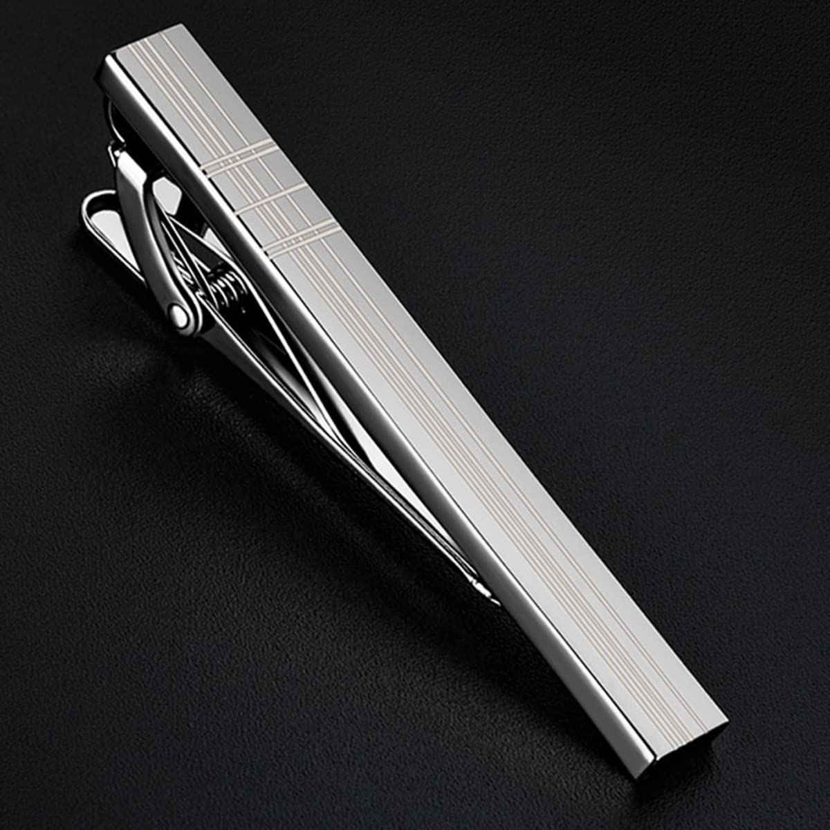 JENLING Tie Clip Cufflinks Set for Men with Box Laser Stripes Silver Tone Tie Bar Tie Clasp