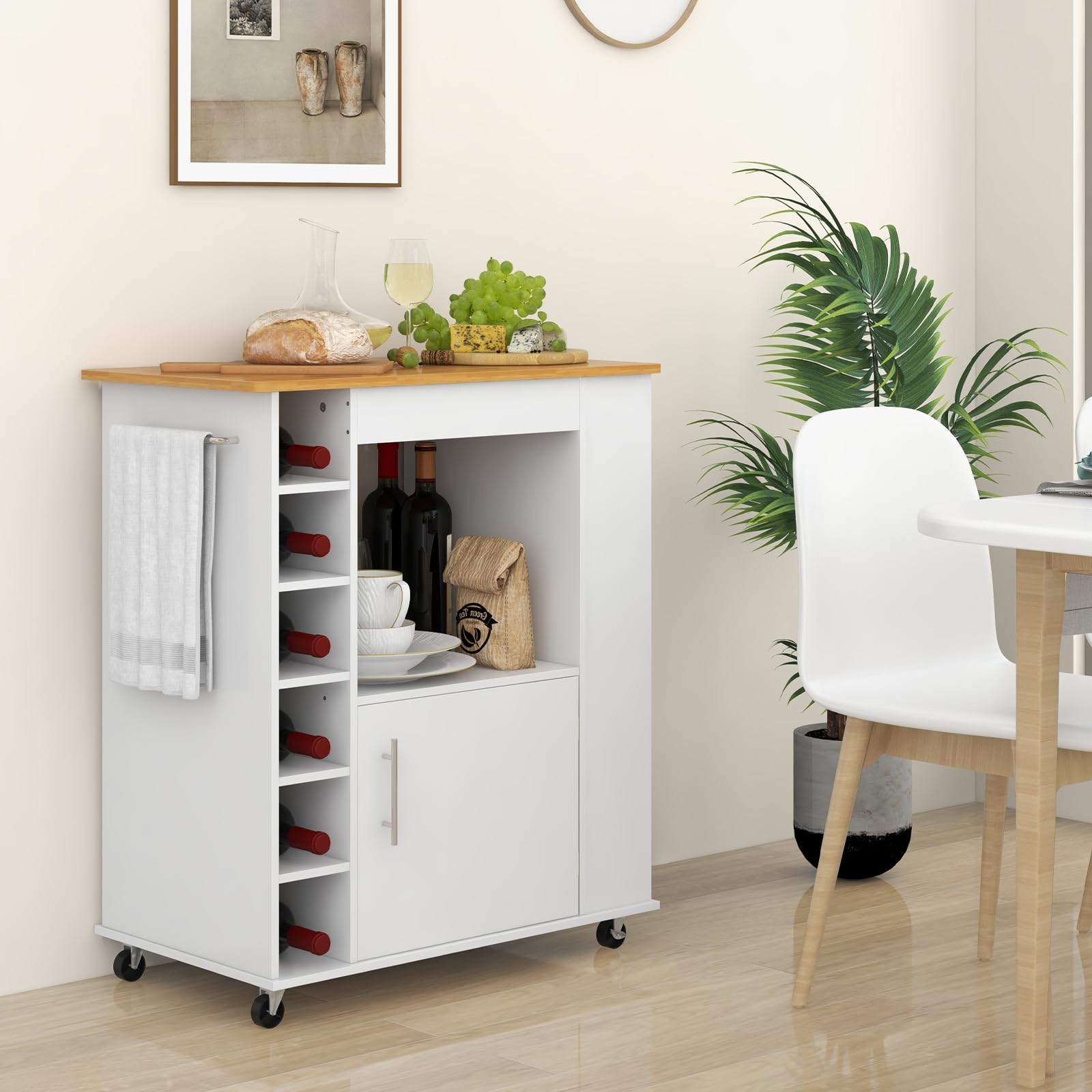 Giantex Kitchen Island, Mobile Kitchen Cart with Storage Cabinet, Bamboo Top, 6-Bottle Wine Rack, 3 Tier Spice Rack, Towel Holder, Rolling Microwave Cart for Dining Room Coffee Bar, White