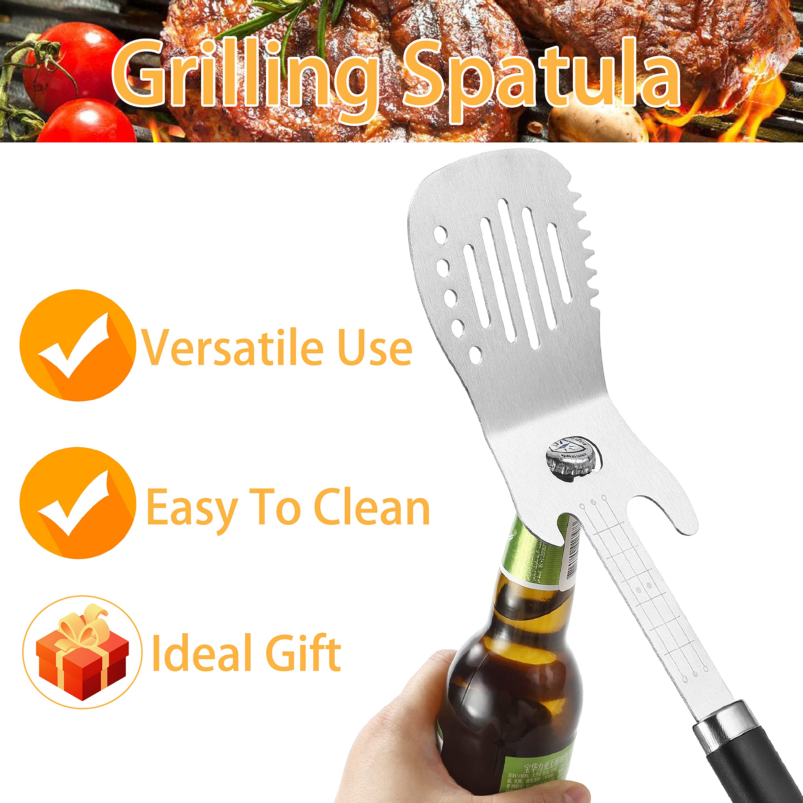 Grilljoy 7Pcs Guitar Style BBQ Tool Set with Long Handles-Heavy Duty Stainless Steel Grill Accessories with Spatula, Tongs, Brush and Fork for Music Lovers