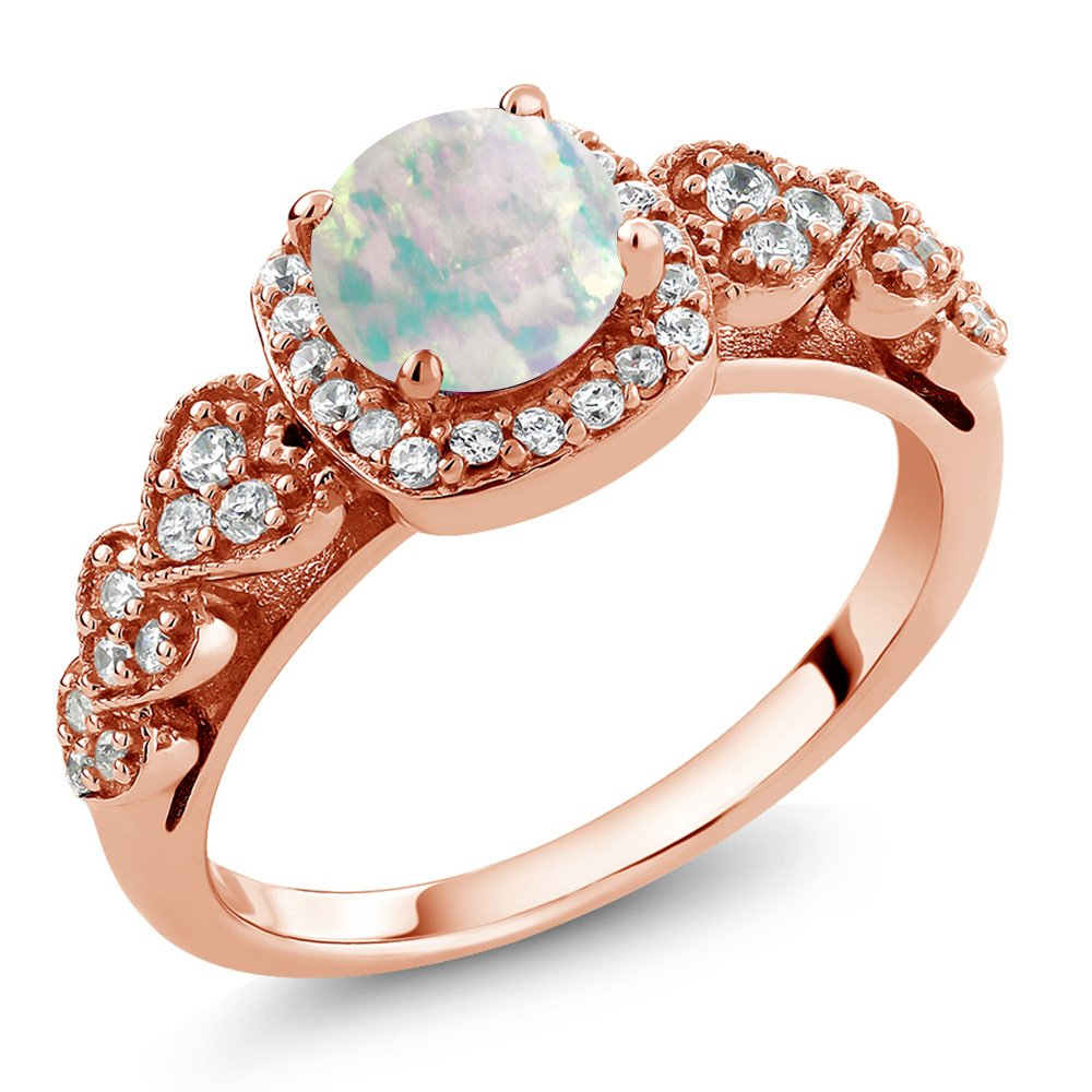 Gem Stone King 18K Rose Gold Plated Sterling Silver White Simulated Opal Engagement Anniversary Ring For Women (0.62 Cttw, Round Cut 6MM, Gemstone Birthstone, Available In Size 5, 6, 7, 8, 9)