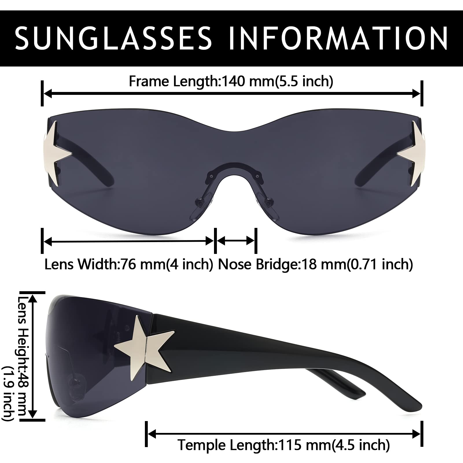 IOHLNG Y2K Sunglasses Rimless Wrap Around Oversized Sun Glasses Trendy Shield for Women Men UV Protection Fashion Black Frame Grey Lens