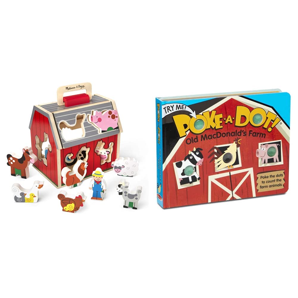 Melissa & Doug Wooden Take-Along Sorting Barn Toy with Flip-Up Roof and Handle, Shape Sorting and Stacking Learning Toys & Children's Book - Poke-a-Dot: Old Macdonald’s Farm