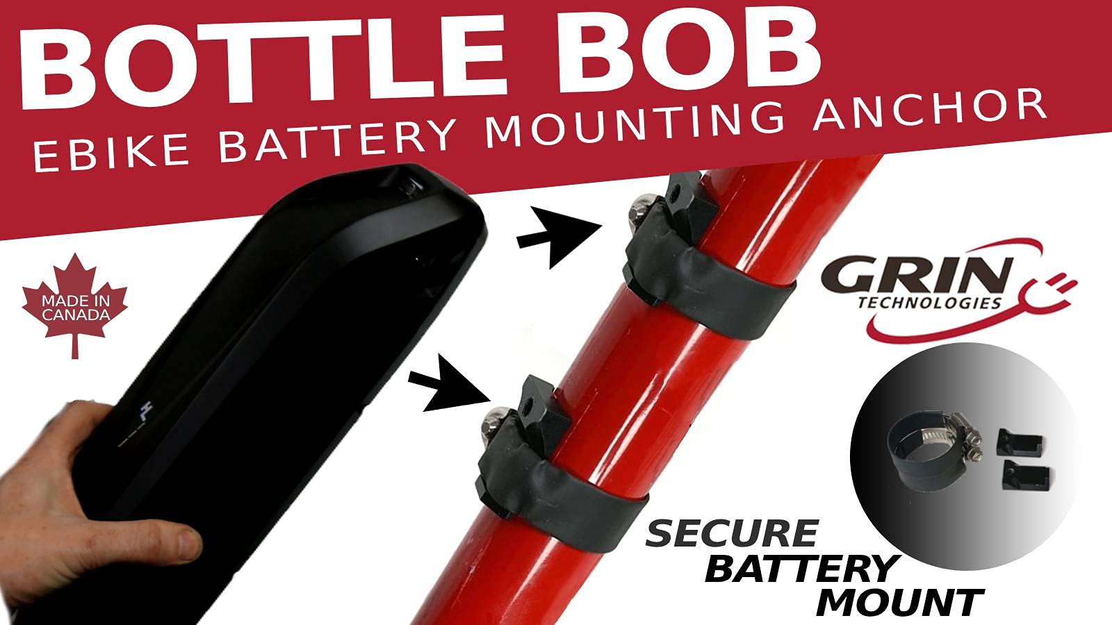 Grin Technologies Bottle Bob with Hose Clamps for Securing Downtube and Water Bottle Batteries to Frames Without Eyelets