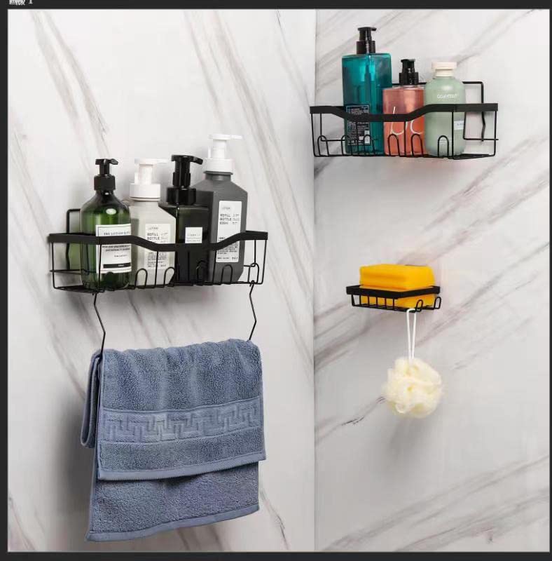 Shower Caddy Shelves, Adhesive Shower Organizer,Rustproof Stainless Steel Shower Shelf for Inside Shower, No Drilling Rustproof Bathroom Shower Caddy Basket Shelf with Soap Holder and 4 Hooks (Black)