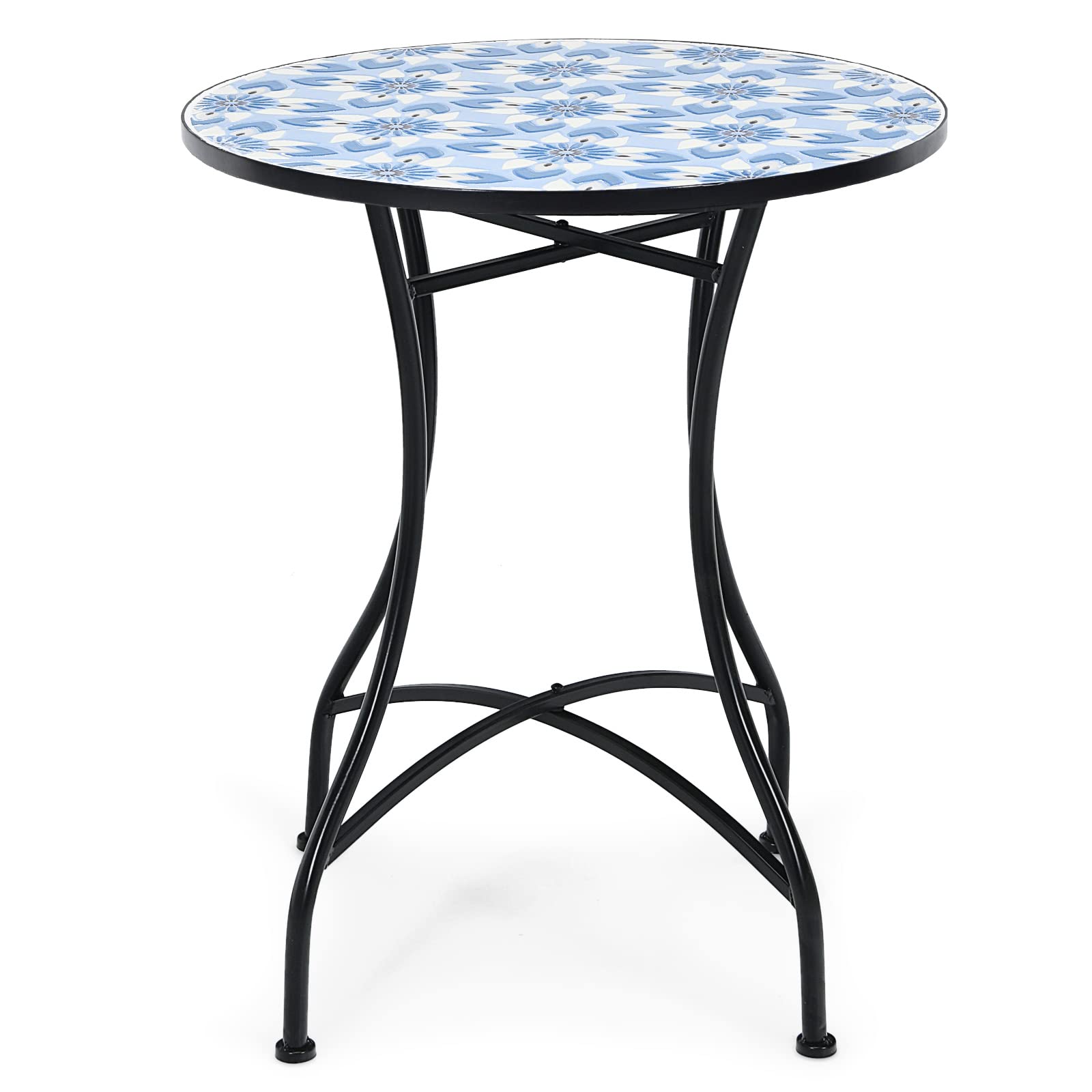 Giantex Mosaic Round Table, Outdoor Dining Table with Exquisite Floral Pattern and Ceramic Tile Tabletop, Plant Stand for Patio, Garden, Balcony, Backyard or Living Room Porch (Blue)