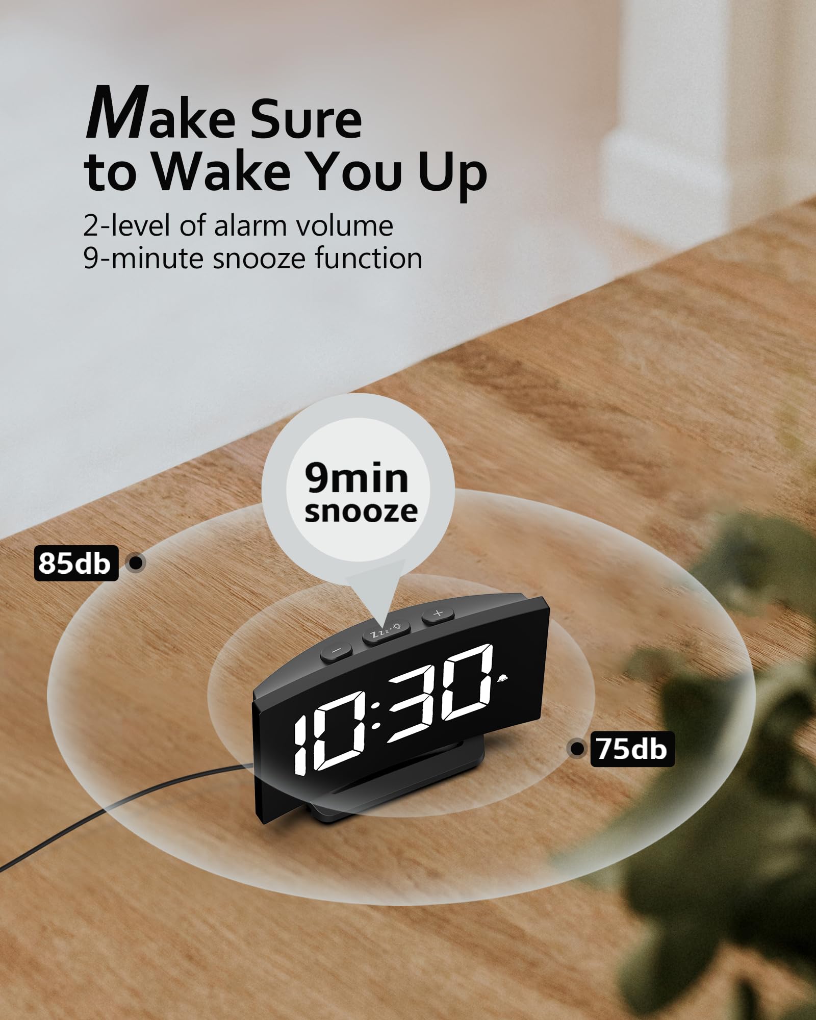 GOLOZA Digital Alarm Clock for Bedroom, Digital Clock with Modern Curved Design, Conspicuous White LED Numbers, 5 Levels Brightness+Off, 2 Volume, 3 Alarm Tones, Snooze,Power-Off Memory,12/24H
