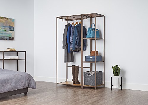 Trinity Garment Rack with Bamboo Shelves and 4-Tier Shelf Tower for Clothing Storage, Closet Organization for Home with Decorative Book Shelf and Display Stand, Bronze