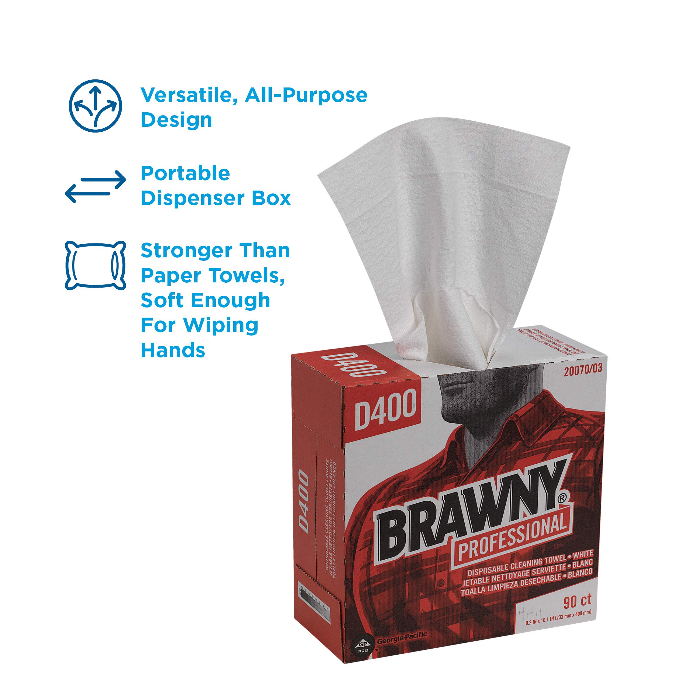 GEORGIA-PACIFIC Brawny Professional D400 Disposable Cleaning Towel, Tall Box, White, 1 Box (20070/03)