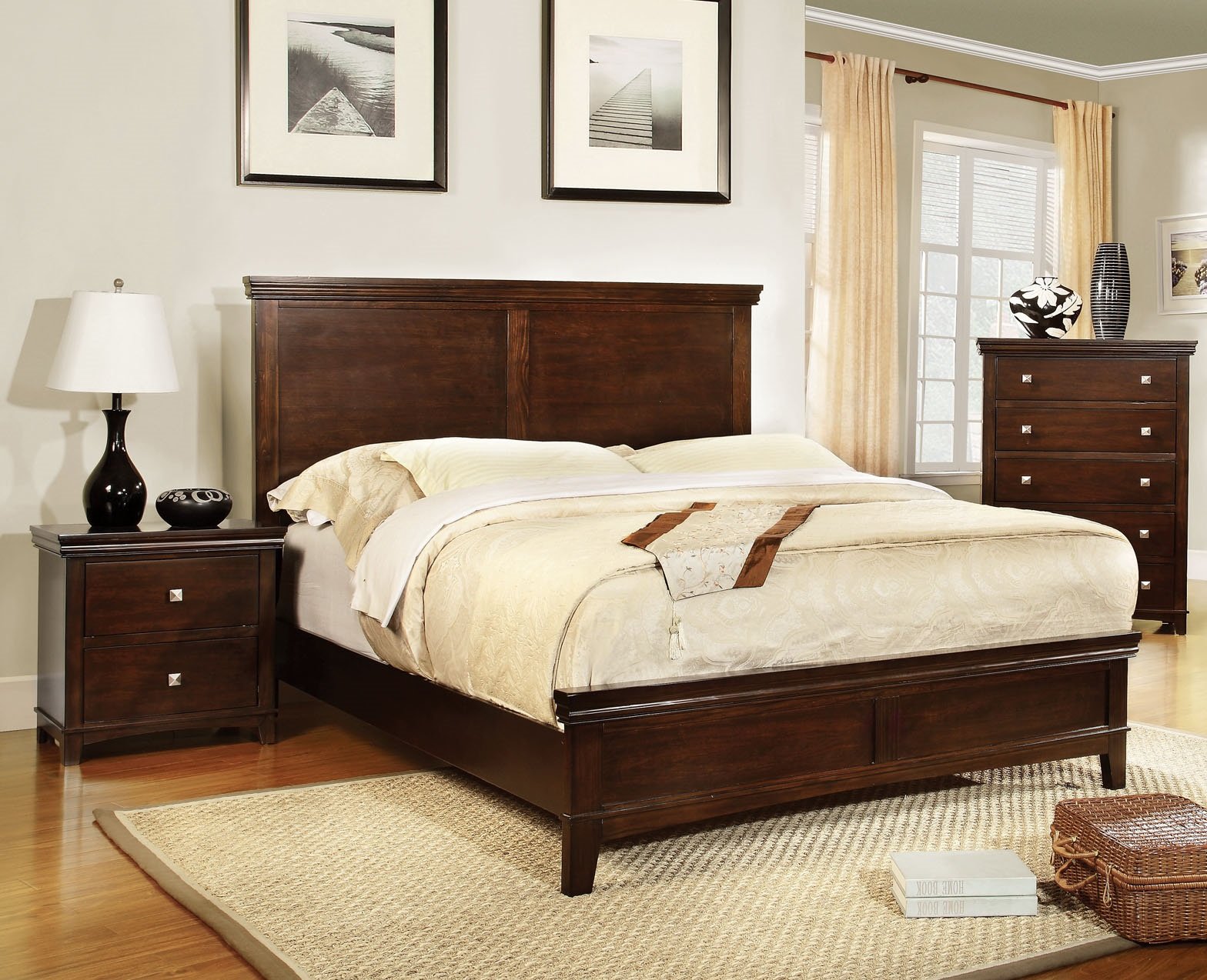 Furniture of America Pasha Traditional 2 Drawer Storage Wood Nightstand with Square Metal Knobs, Bedside Table for Bedroom, One-Size, Brown Cherry
