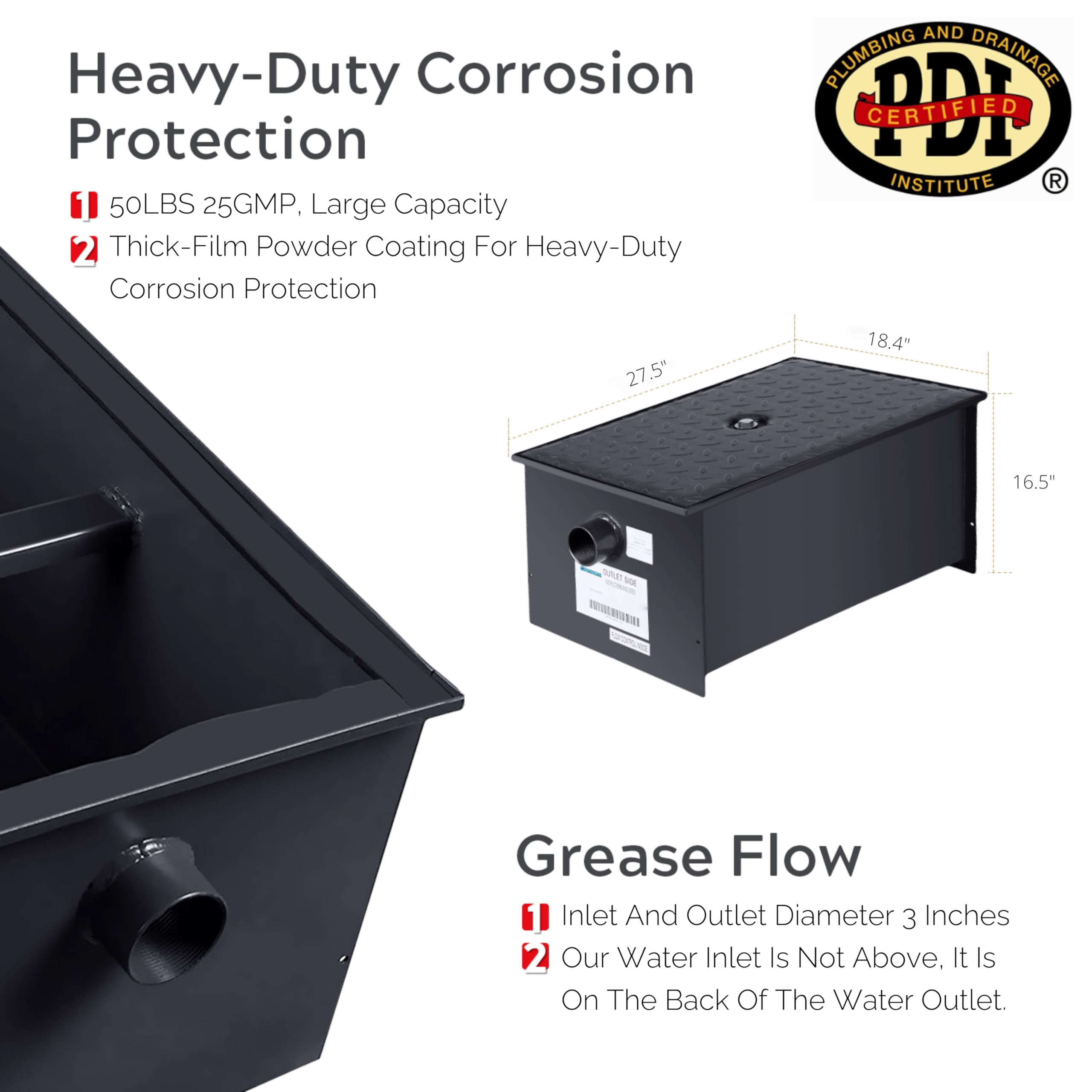 Wentworth 50 Pound Commercial Grease Trap Interceptor for Restaurant Under Sink Kitchen, 25 GPM, WP-GT-25