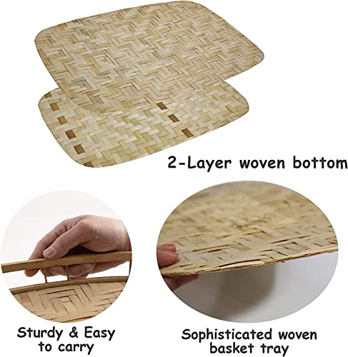 Rectangular Bamboo Wicker Serving Trays with Handles, Handwoven Coffee Trays for Coffee, Breakfast, Bread, Food, Dish and Decorative Trays for Dining Table
