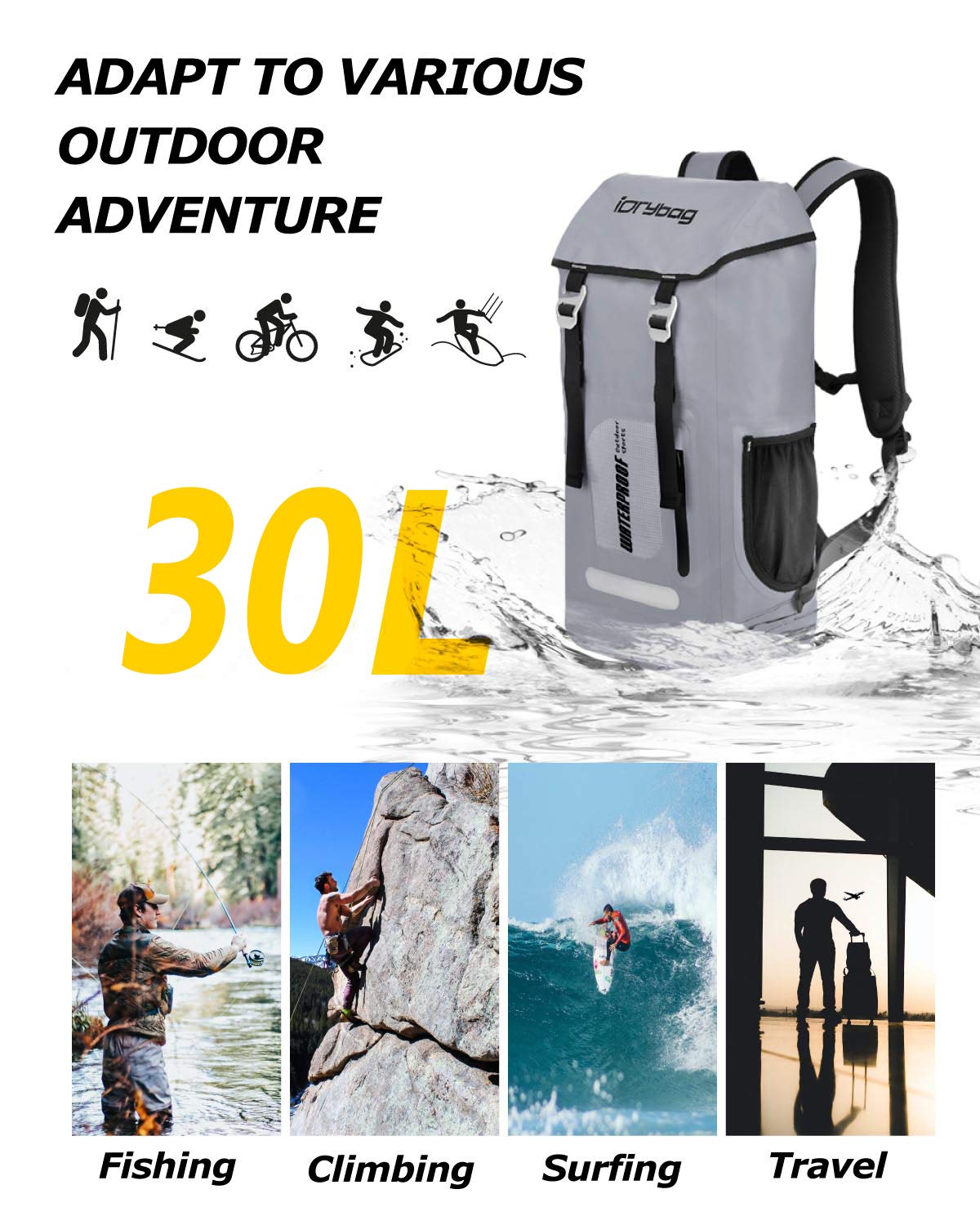 IDRYBAG Waterproof Backpack Dry Bag 30L, Dry Backpack Bags Waterproof for Women Men, Dry Sack Waterproof Bag for Kayaking, Canoeing, Floating, Boating, Rafting, Hiking, Camping