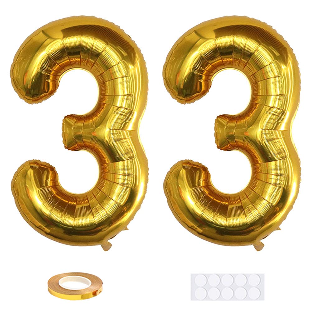 Xihuimay Number 33 Balloons 40 inch Digital Balloon Alphabet 33 Birthday Balloons Digit 33 Helium Balloons Big Balloons for Birthday Party Supplies Wedding Bachelorette Bridal Shower, Gold Number 33