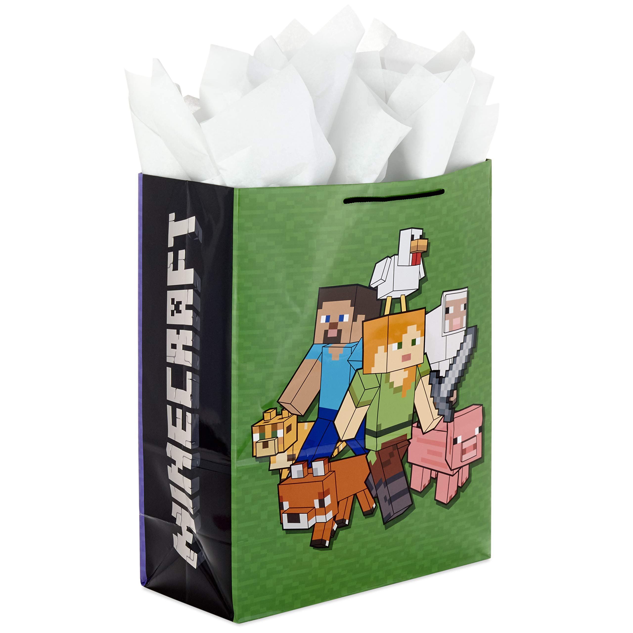 Hallmark 15" Extra Large Minecraft Gift Bag with Tissue Paper for Christmas, Birthdays, Valentines Day, Kids Parties, Holidays and More