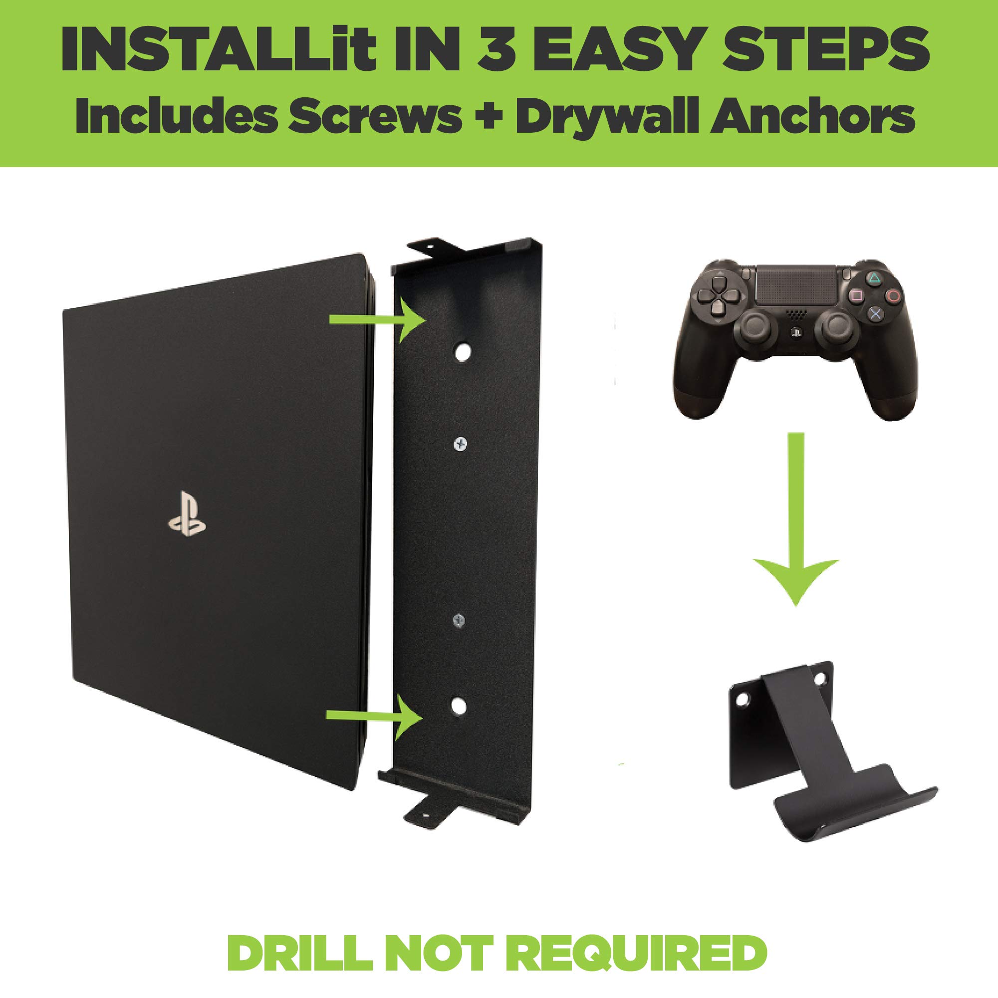 HIDEit Mounts 4P Pro Bundle, Wall Mounts for PS4 Pro and Controller, Steel Wall Mounts for PlayStation 4 Pro and One Rubber Dipped Controller Mount