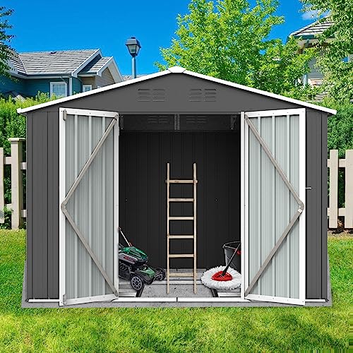 Zevemomo 8 x 6 ft Outdoor Storage Shed, All Weather Tool Shed with Metal Foundation & 2 Lockable Doors, Metal Shed Outdoor Storage for Garden, Patio, Backyard, Lawn, Grey