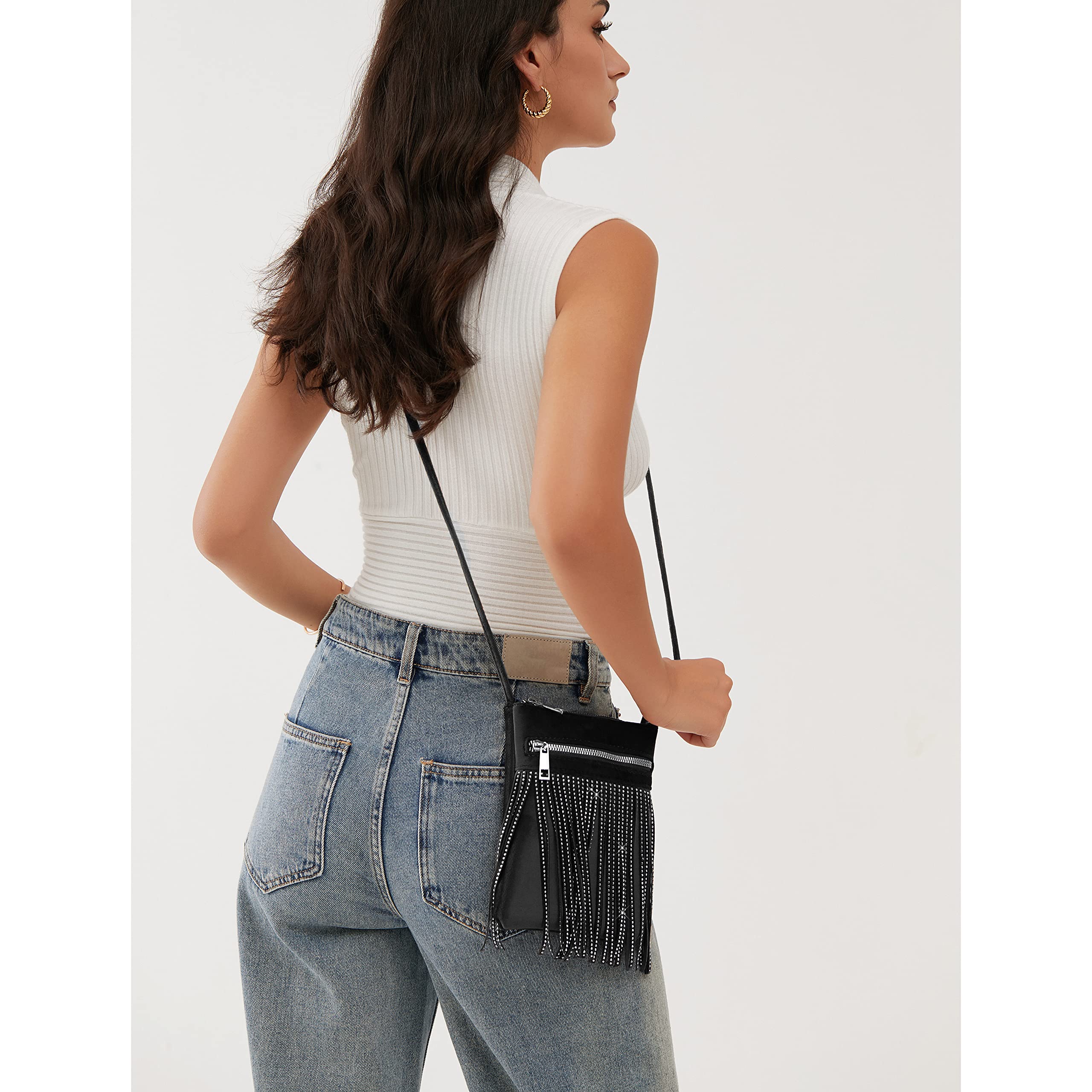 HOXIS Tassel Crossbody Bag Bling Glitter Purse Sparkle Women Evening Bag (Black)