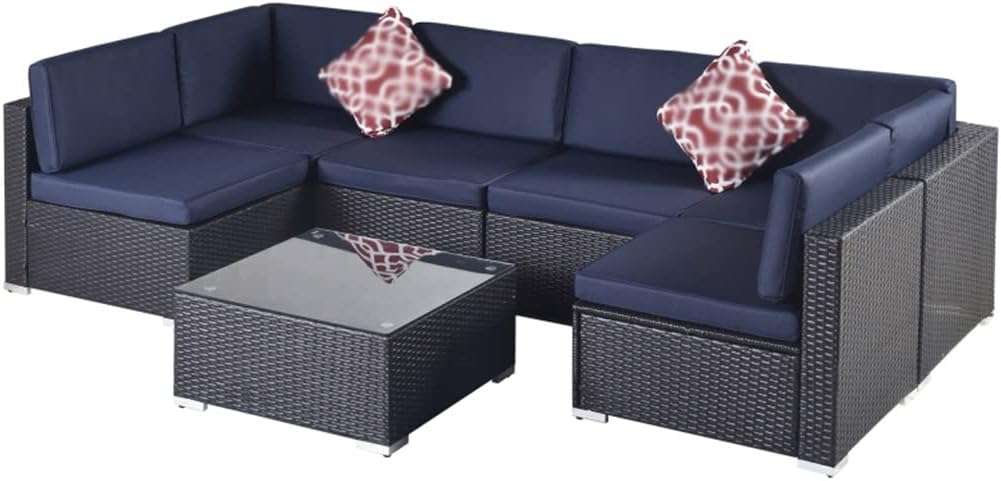 Garden Terrace Furniture 7-Piece PE Rattan Wicker Cuts Padded Sofa Sets with 2 Cushions and Coffee Table