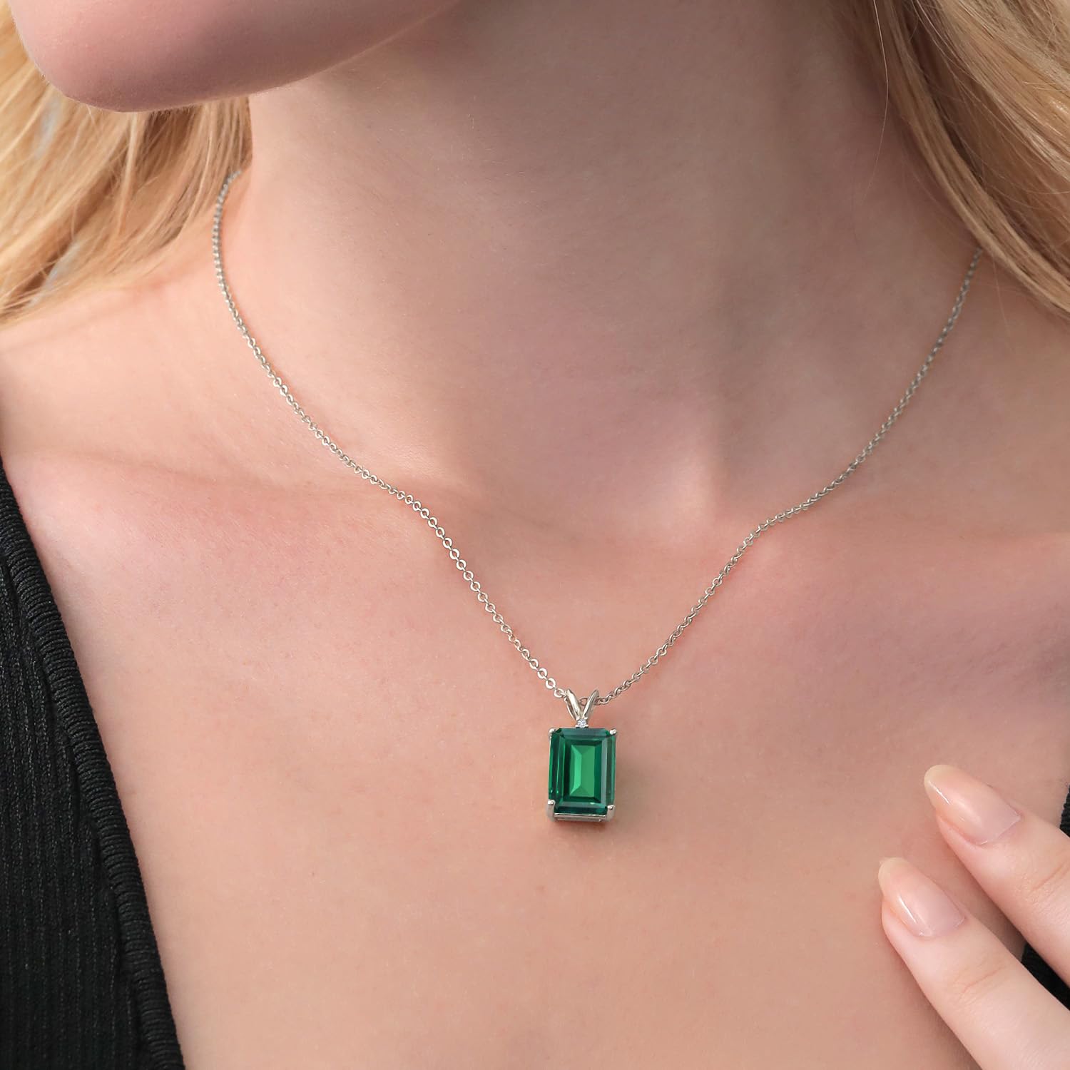 Gem Stone King 925 Sterling Silver Gemstone Birthstone and White Diamond Necklace | Emerald Cut 14X10MM Pendant Necklace for Women | With 18 Inch Silver Chain