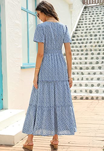 Zattcas Womens 2023 Summer Casual Long Dress Short Flutter Sleeve V Neck Smocked Waist Tiered Flowy Modest Floral Boho Maxi Dress Blue L