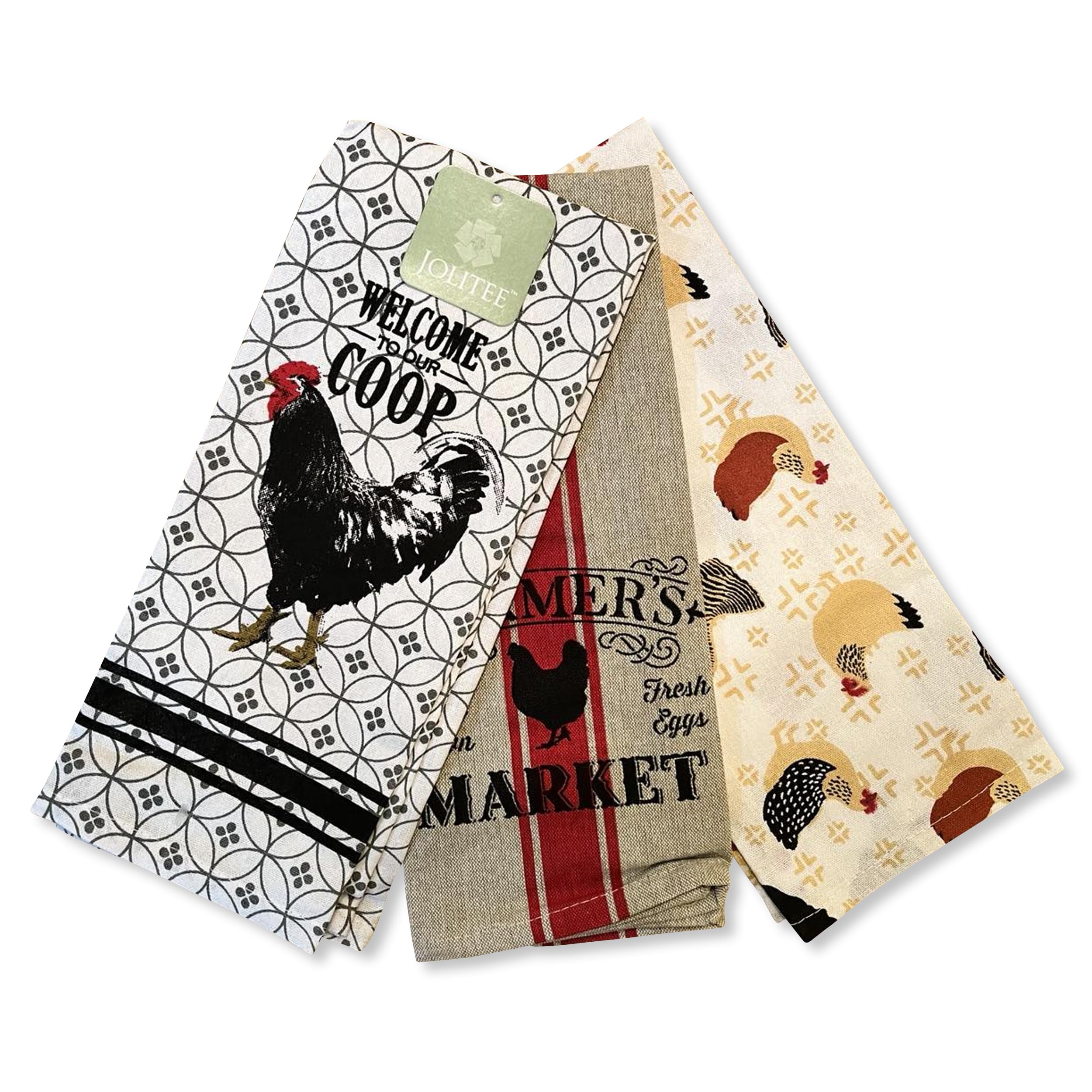 Jolitee Farmhouse Chic Cotton Tea Towels Set of 3 - Rooster & Chicken Kitchen Decor, 15x25 Inches