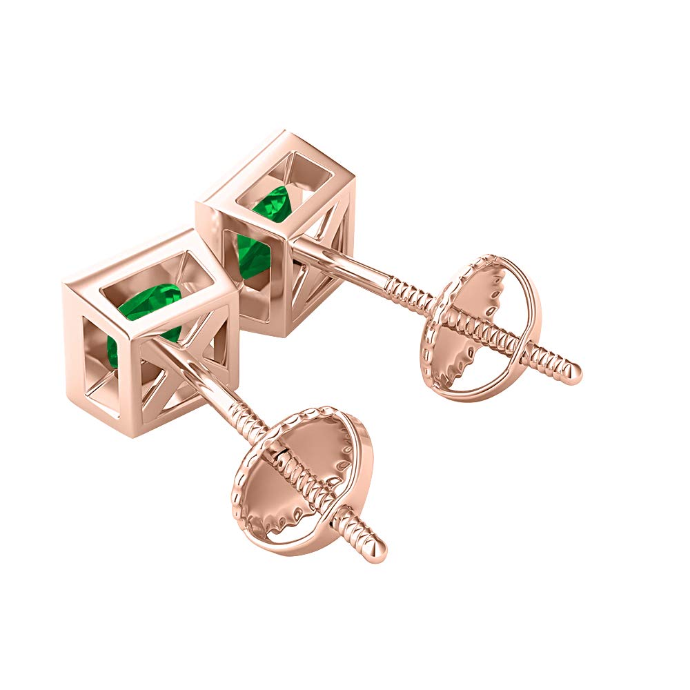 Gold & Diamonds Jewellery Bezel Set Princess Cut Created Green Emerald (3MM) Solitaire Stud Earrings 14K Rose Gold Over .925 Sterling Silver