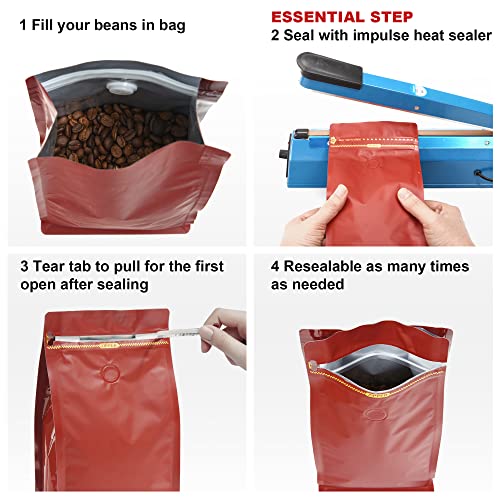 Red Color Coffee Bags with Valve, High Barrier Foil Coffee Package Pouches with Air Release Valve, Flat Bottom & Resealable Pull Tab Zipper, Matt Red (50, 16oz/1lb/500gm)