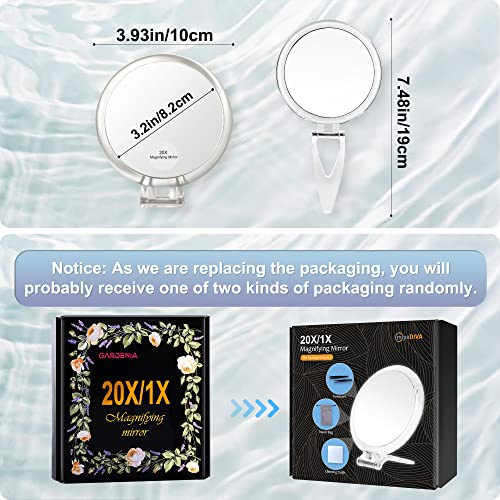 Gardenia 4 Inch 20x Magnifying Mirror, Compact Travel Mirror, Hand Mirror with Handle, Portable Close Up Mirror for Pocket/Handbag, Double Sided, Foldable, Transparent