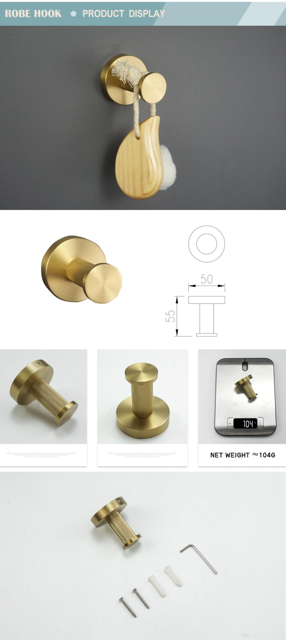 Golden Towel Rack Towel Bar Ring Brushed Gold Hardware Set Robe Coat Hook Toilet Tissue Paper Holder Bathroom Accessories Kit,2 PCS Robe Hook