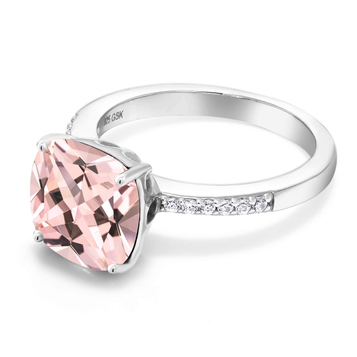 Gem Stone King 925 Sterling Silver Peach Simulated Morganite Engagement Ring For Women (4.44 Cttw, Cushion 10MM, Available In Size 5, 6, 7, 8, 9)