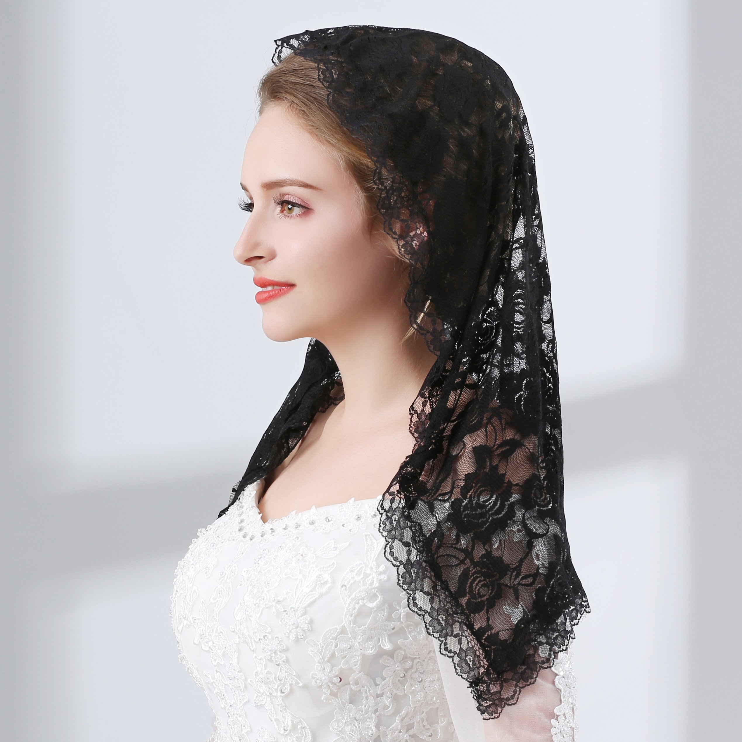 Grettytling womens Mantilla Church Veil For Catholic Woman Chapel Head Covering Mass D Shape Scarf, 2pcs Black&white, Medium