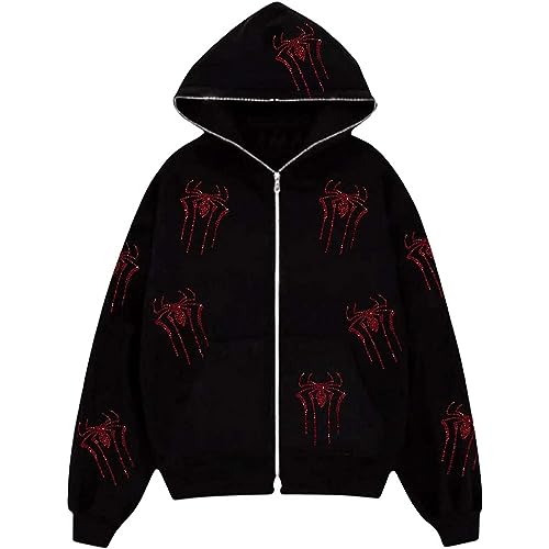 Rvnsu Women's long-sleeved full-zip hoodie novelty rhinestone hooded sweatshirt, Y2K street hip-hop sweatshirt with kangaroo pocket(Red,M)