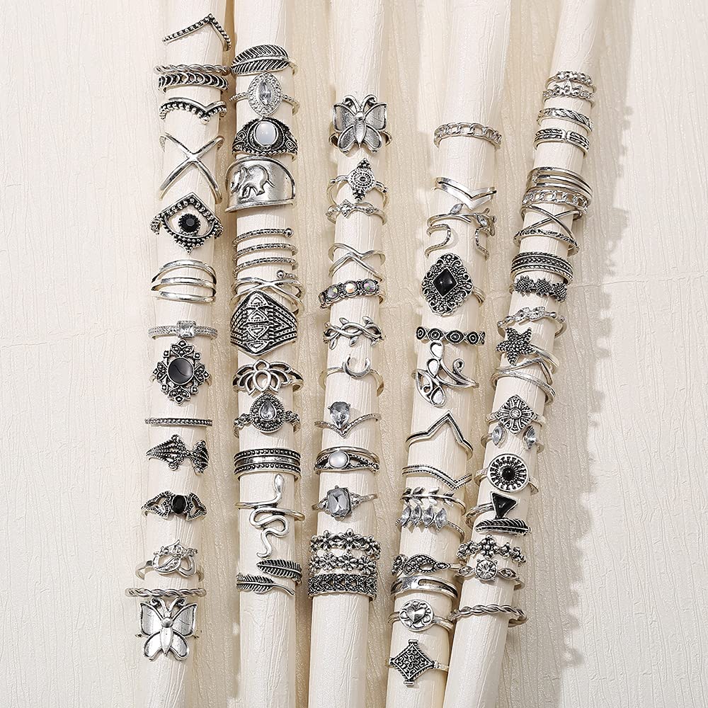 iF YOU 78 PCS Vintage Silver Knuckle Rings Set, Stackable Joint Finger Rings for Women, Bohemian Midi Rings, Boho Butterfly Snake Crystal Stacking Rings Pack