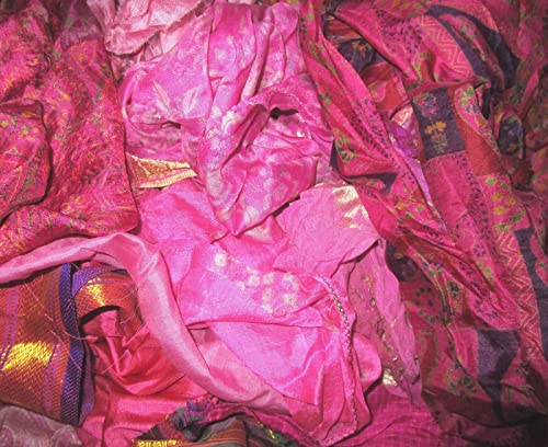 Vintage Fabrics Crafts Sari Silk Fabric Lot Material Remnant 100 Grams Magenta Craft Scrapbook Art Doll