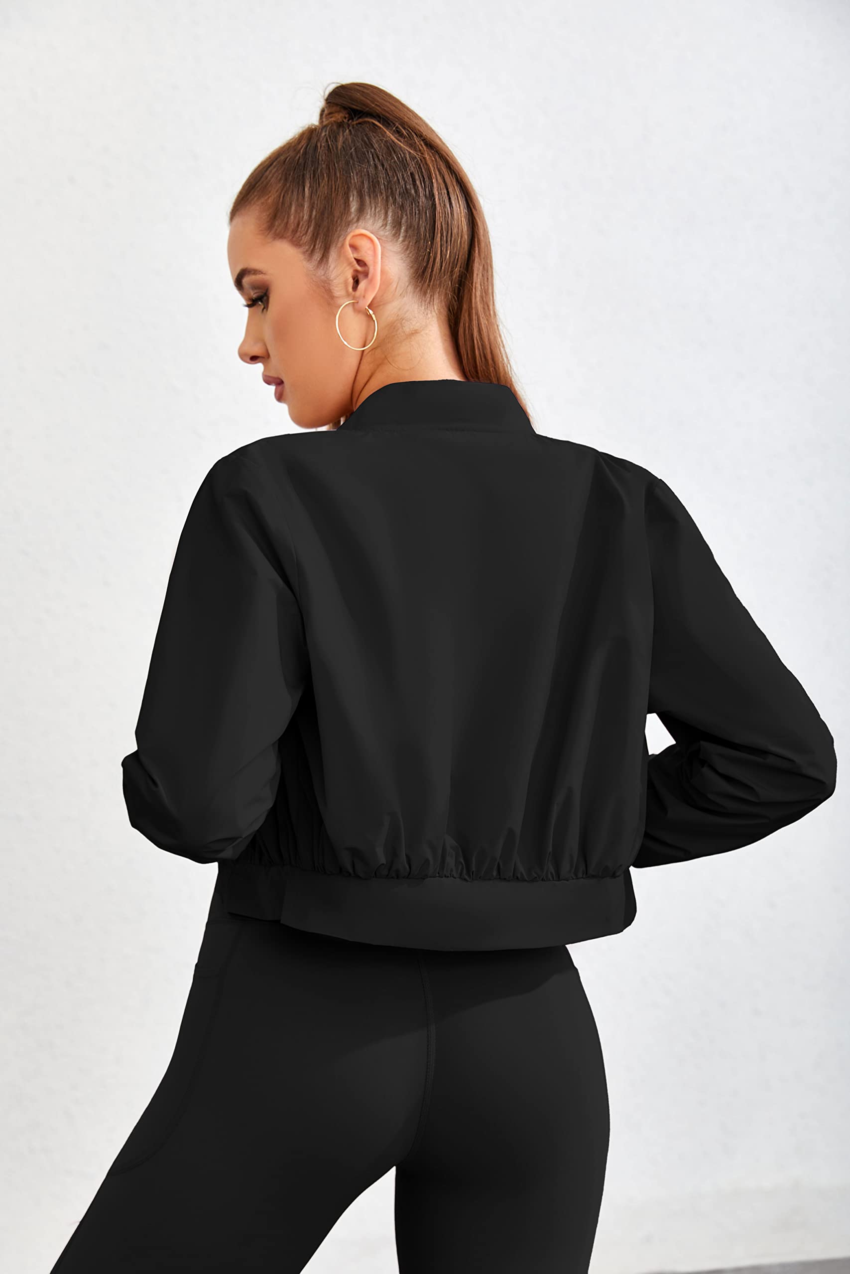 Kolagri Ladies Stand-up Neck Bolero Jacket Long Sleeve Crop Windbreaker Thin Workout Lightweight Cycling Bomber Tops Black L
