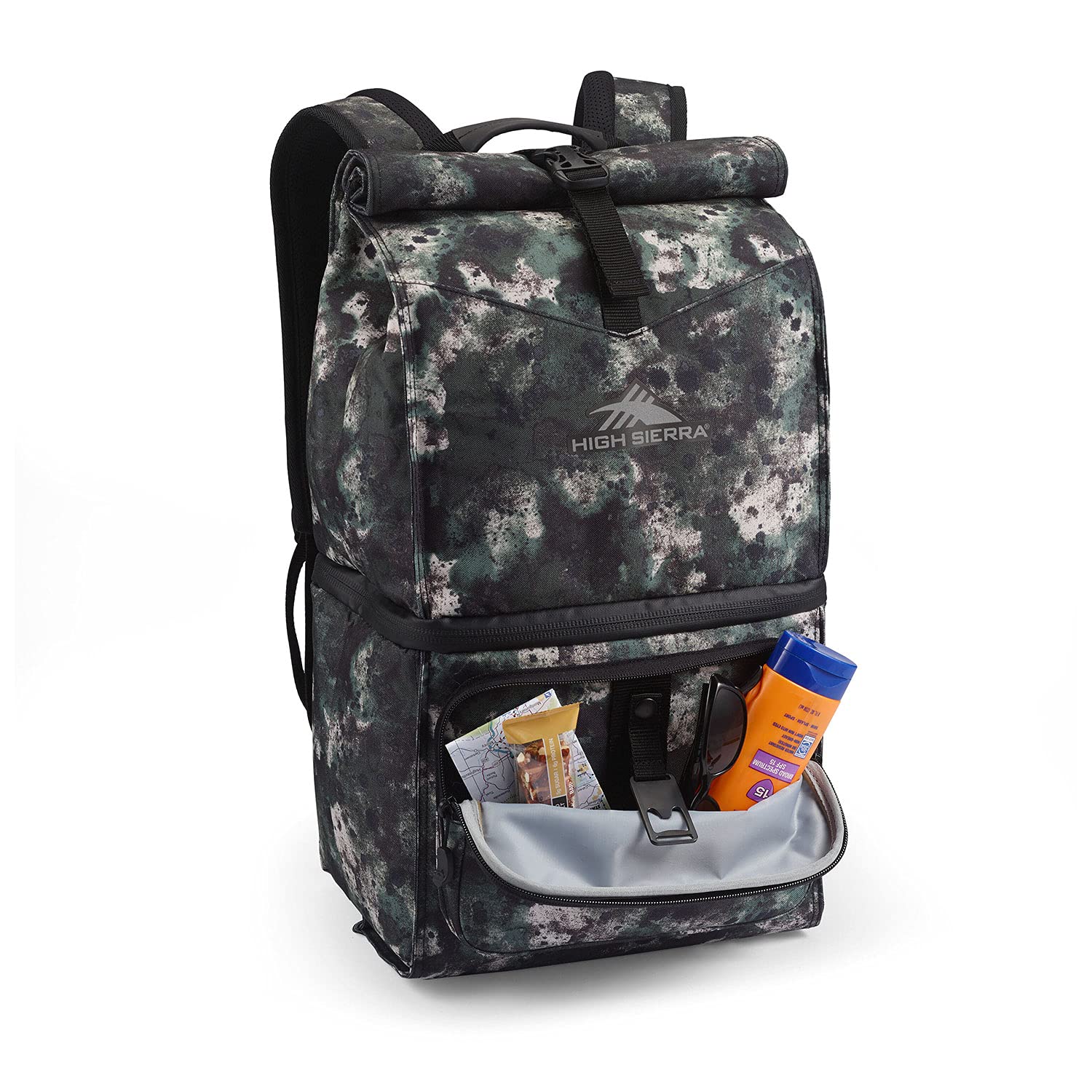 High Sierra Beach N Chill Cooler Backpack with Bottom Cooler Compartment and Liner for Hiking, Running, Climbing, or Cycling, Urban Camo