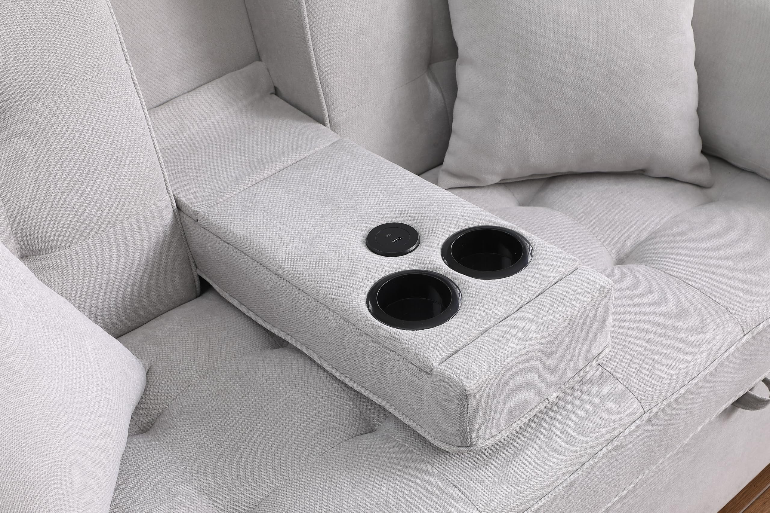 MMTGO 3-Seat Sectional Sofa Set with Storage Ottoman, Cup Holder, USB Port, Magazine Bags, Storaged Armrests, L Shaped Upholstered Couch for Living Room, Compact Space