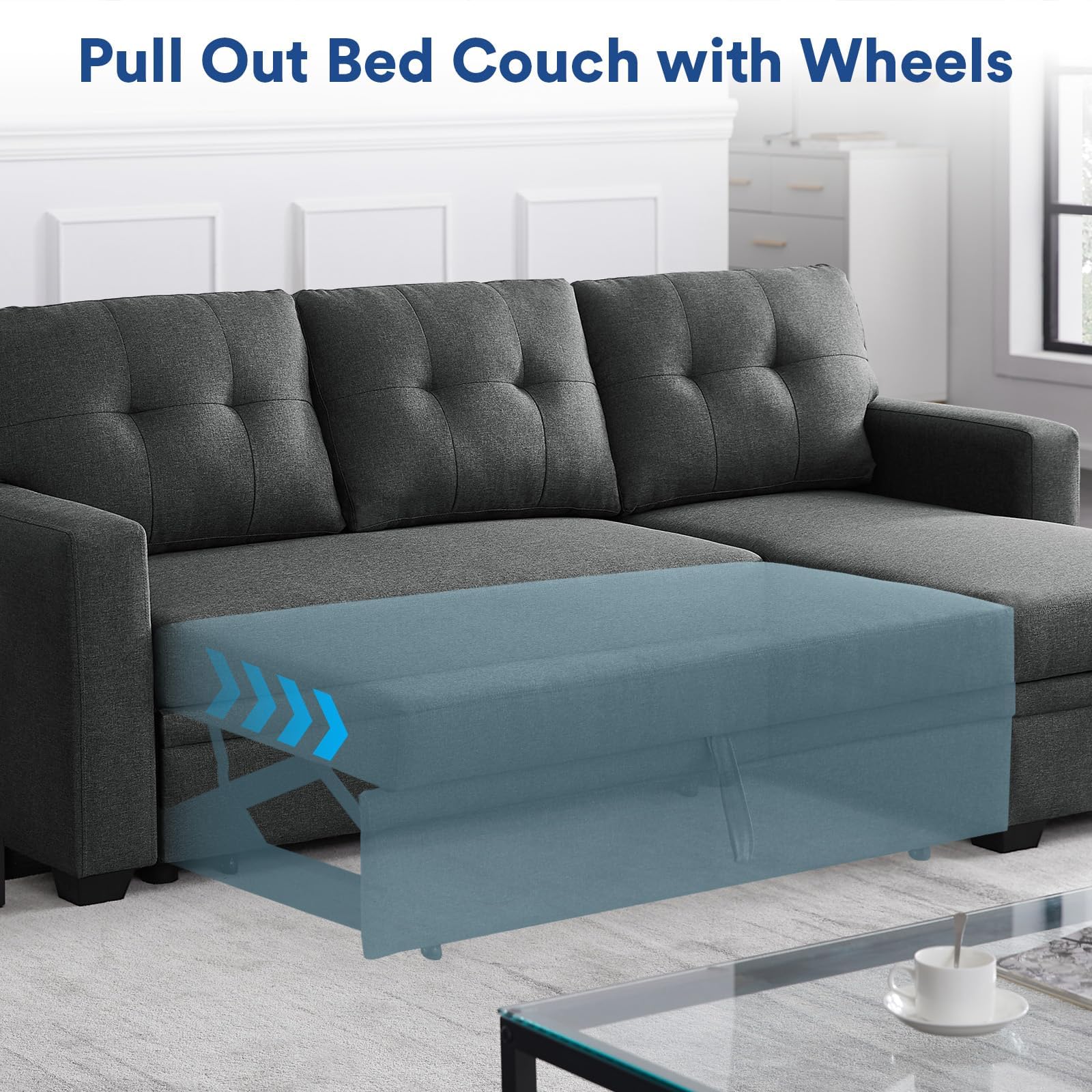 MMTGO 82" L-Shape Reversible Linen Sleeper Sectional Sofa, with Pull Out Bed, Storage Chaise and Arms, Corner Couch for Apartment, Dorm, Living Room