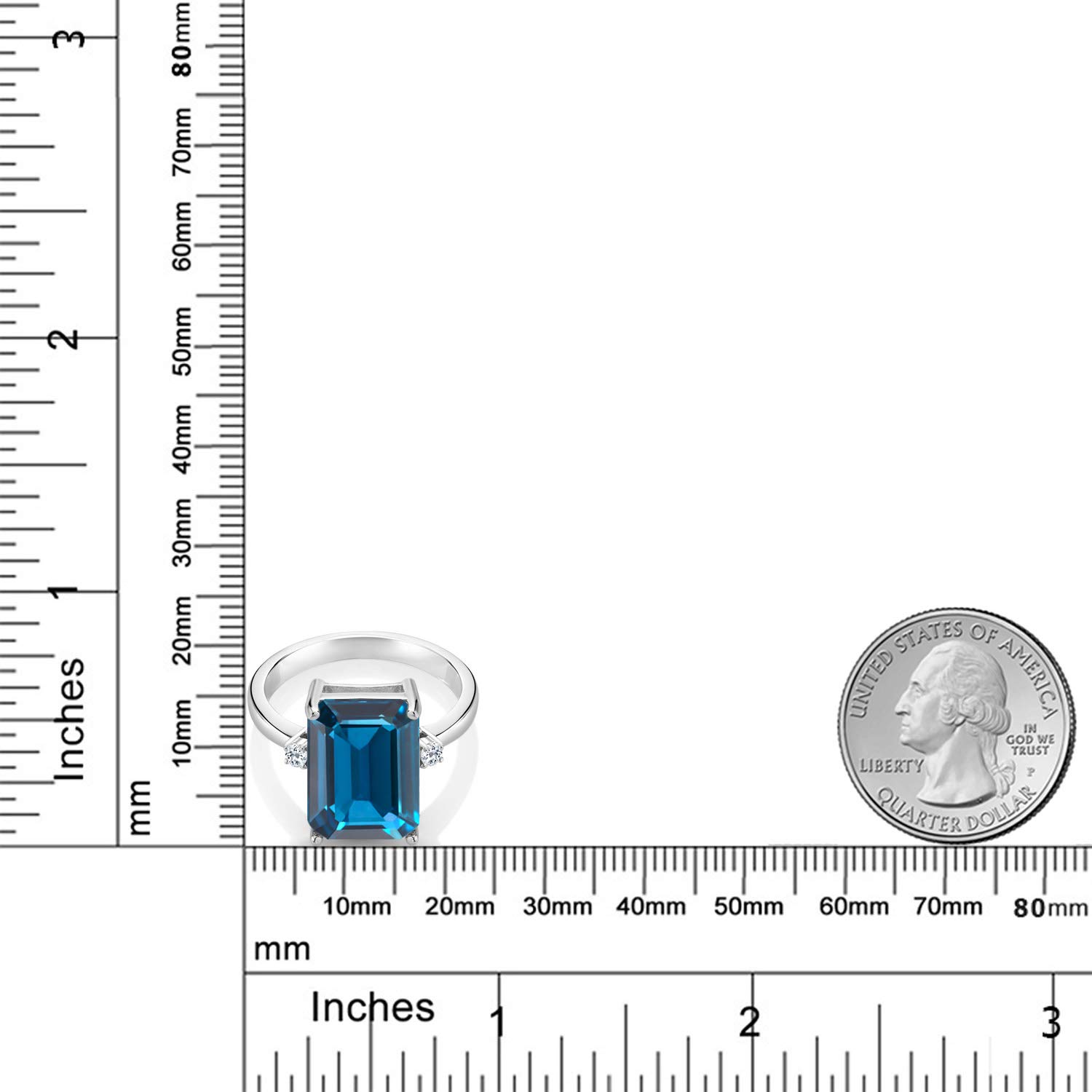 Gem Stone King 925 Sterling Silver London Blue Topaz and White Topaz Ring For Women | 9.58 Cttw | Emerald Cut 14x10MM | Gemstone Birthstone | Available In Size 5, 6, 7, 8, 9