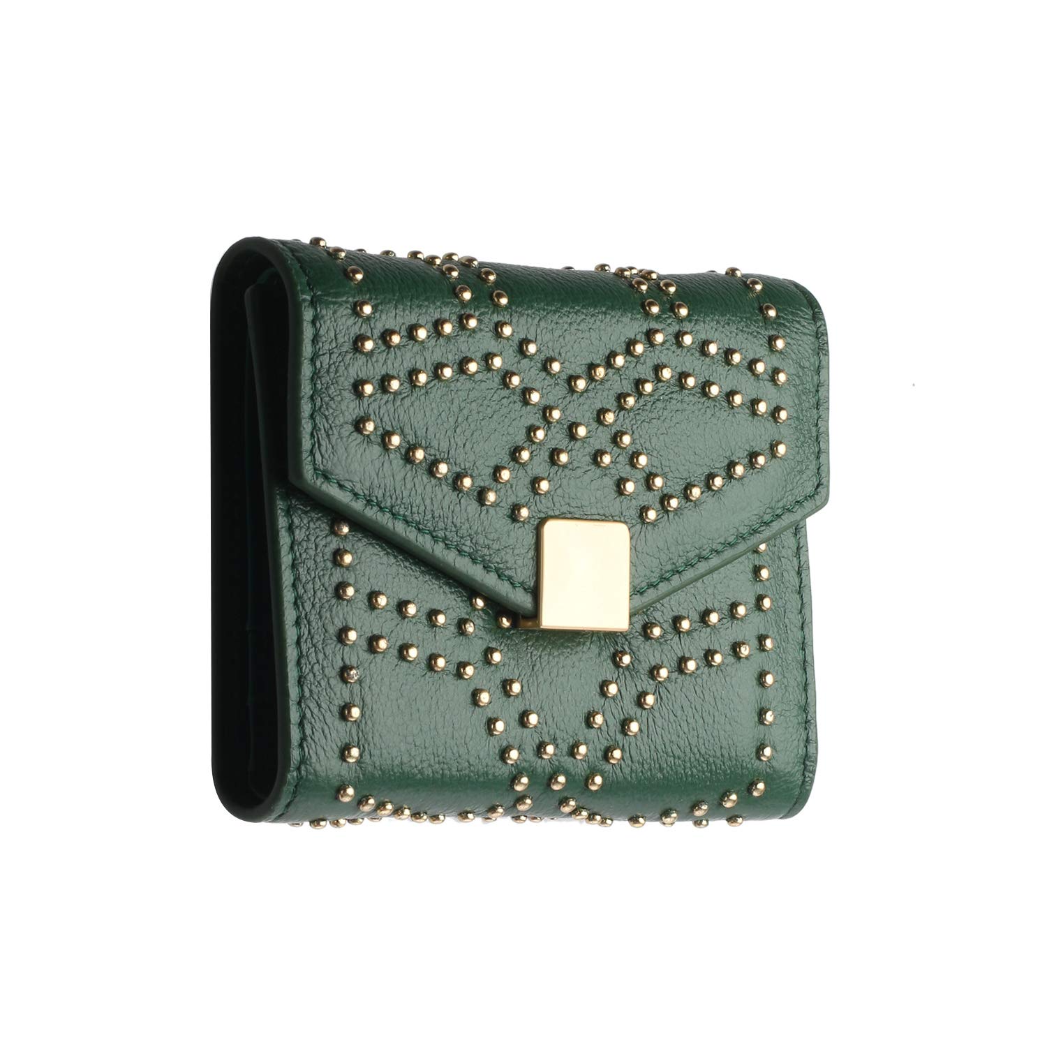 Genuine Leather Wallet for Women, Rivet Studded Money Organizer, Smart Leather Credit Card Case, Multipurpose Small Purse (Dark Green)