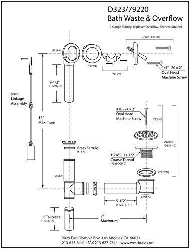 Westbrass D323-26 14-Inch 20 Gauge Brass Trip Lever Bath Waste and Overflow with Grid