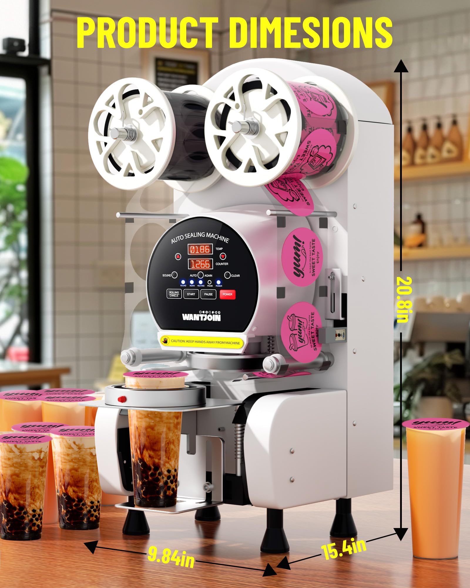 WantJoin Cup Sealing Machine Full Automatic Cup Sealer Machine 89/90/95MM 3.50/3.54/3.74IN Electric White Cup Sealing Machine 500-600 Cups/H(White)